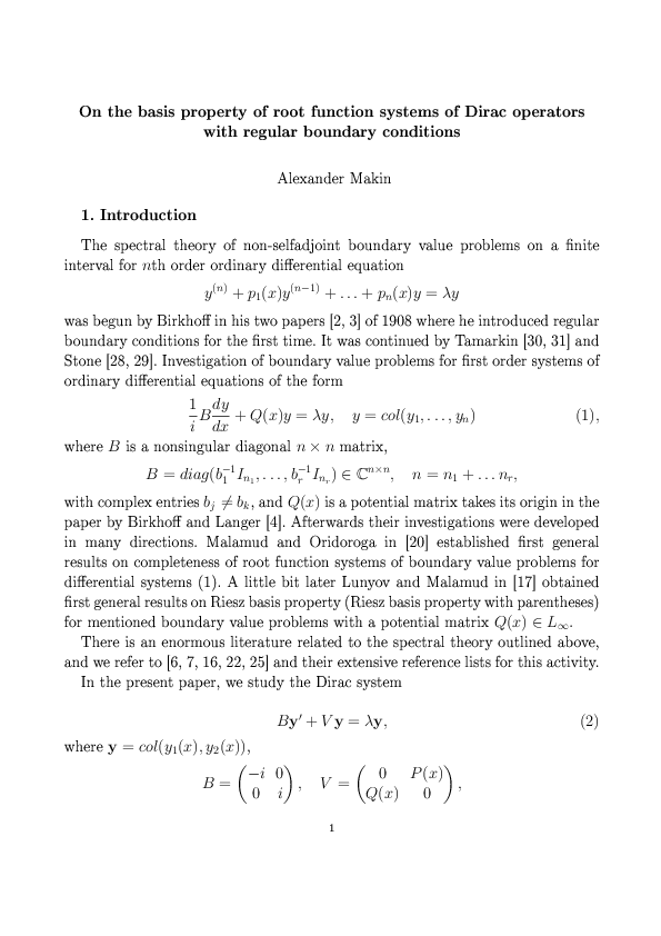 (PDF) On the basis property of root function systems of Dirac operators with regular boundary ...