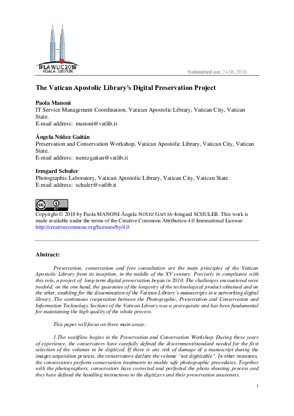 (PDF) The Vatican Apostolic Library’s Digital Preservation Project
