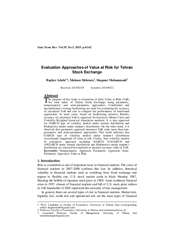 (PDF) Evaluation Approaches of Value at Risk for Tehran Stock Exchange