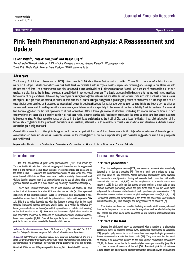 (PDF) Pink Teeth Phenomenon and Asphyxia: A Reassessment and Update