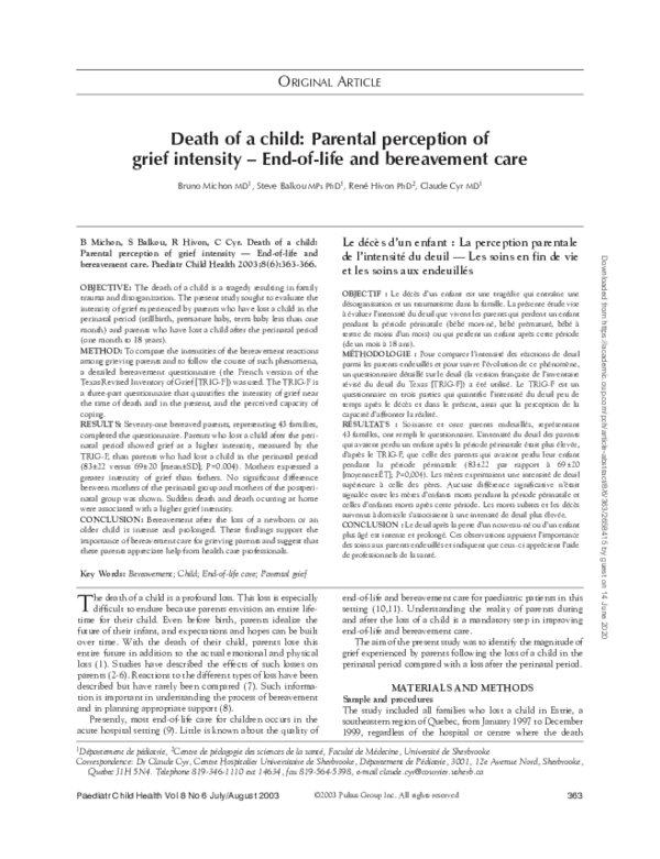 (PDF) Death of a child: Parental perception of grief intensity – End-of ...