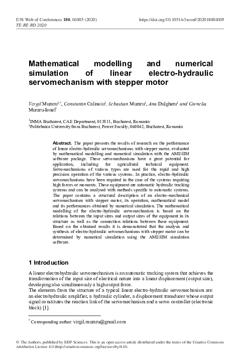 (PDF) Mathematical modelling and numerical simulation of linear electro-hydraulic servomechanism ...
