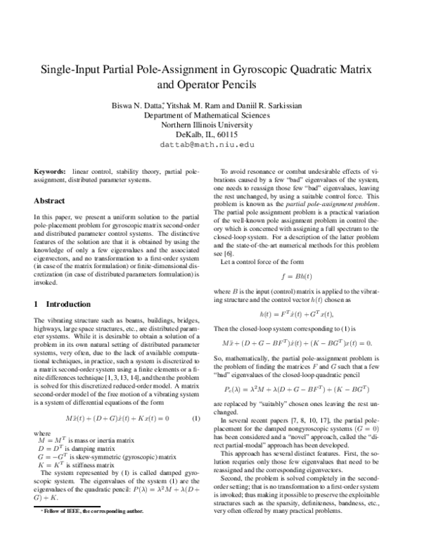 (PDF) Single-Input Partial Pole-Assignment in Gyroscopic Quadratic Matrix and Operator Pencils
