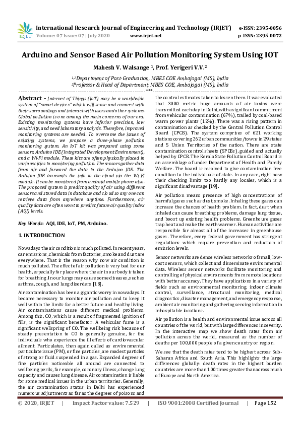 (PDF) Arduino and Sensor Based Air Pollution Monitoring System Using IOT