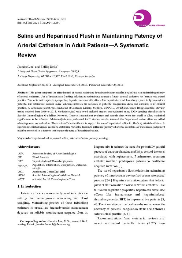 (PDF) Saline and Heparinised Flush in Maintaining Patency of Arterial ...