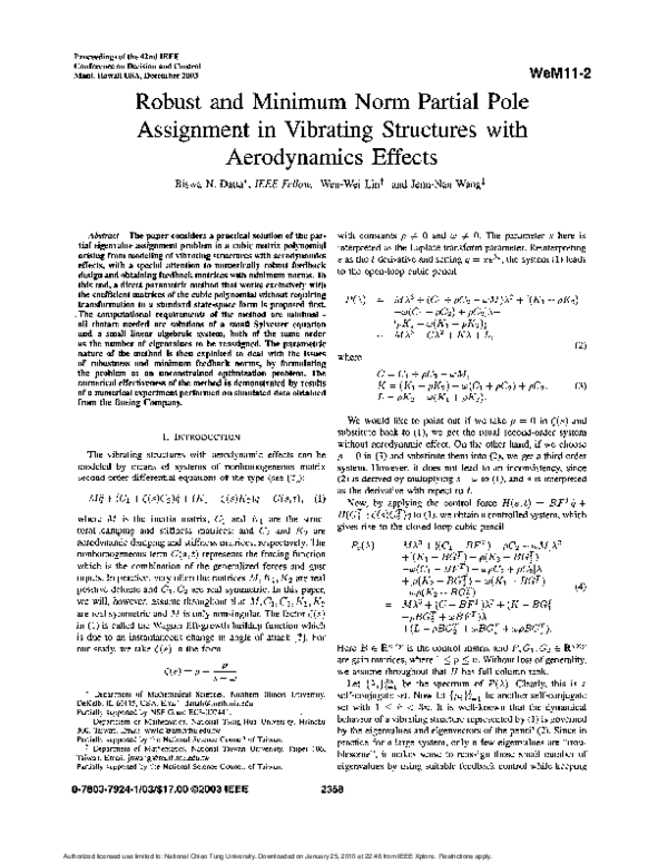 (PDF) Robust and minimum norm partial pole assignment in vibrating structures with aerodynamics ...