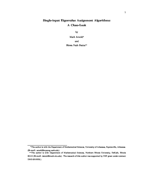(PDF) Single-input eigenvalue assignment algorithms: A close look | Biswa Datta - Academia.edu