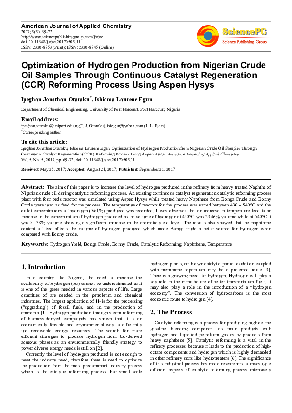(PDF) Optimization of Hydrogen Production from Nigerian Crude Oil ...