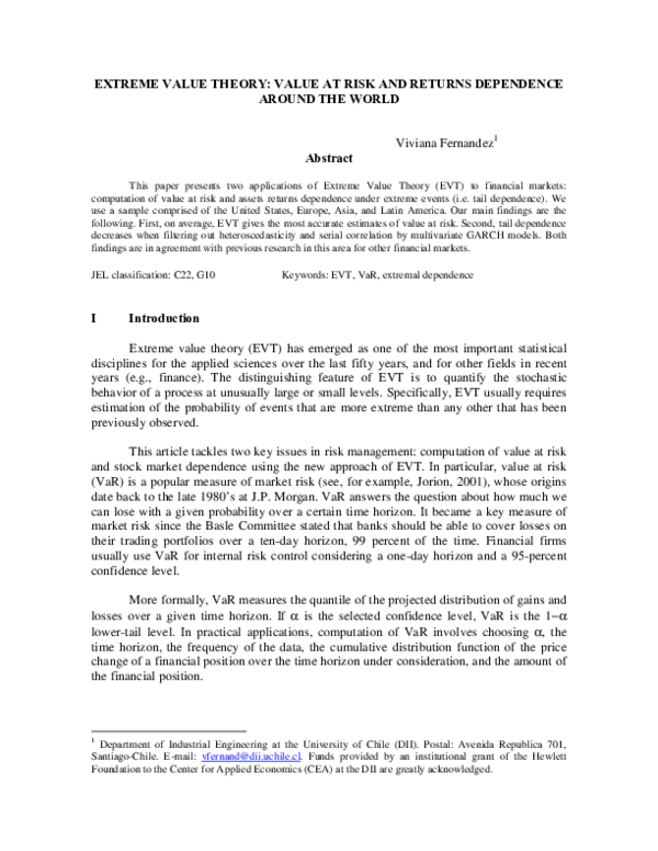 (PDF) Extreme Value Theory: Value at Risk and Returns Dependence Around ...