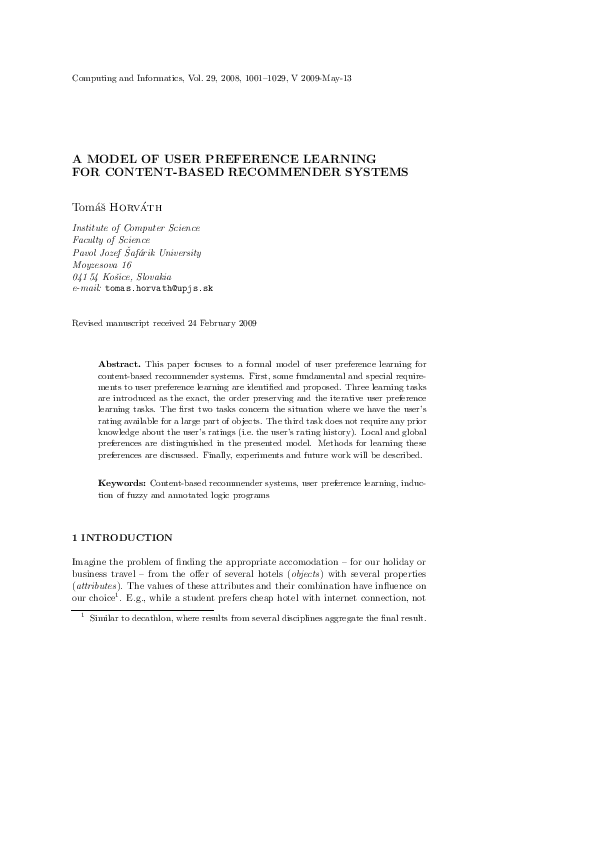 Pdf A Model Of User Preference Learning For Content Based Recommender Systems Tomas Horvath