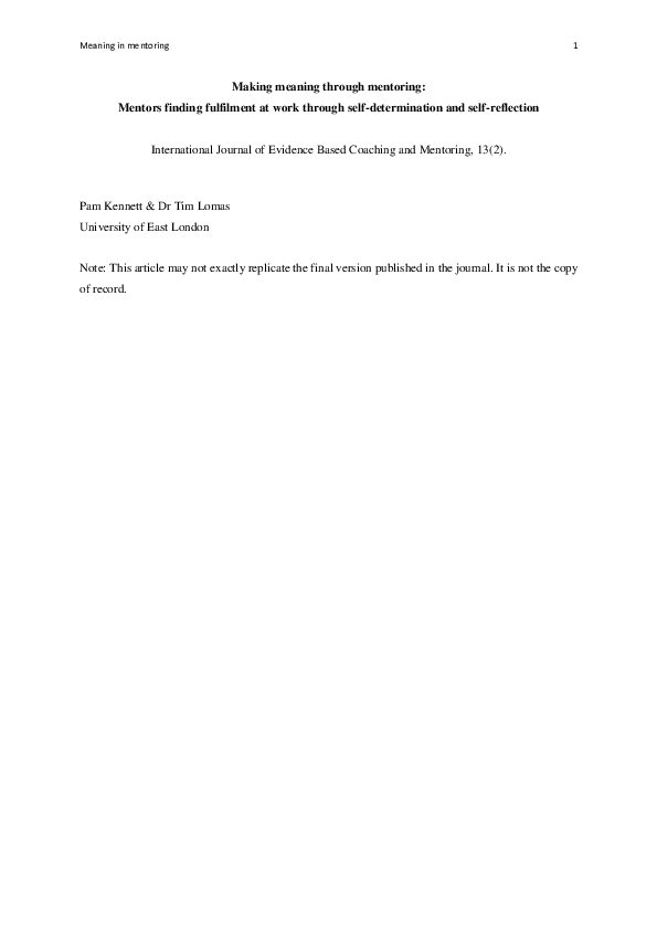 (PDF) Making meaning through mentoring: Mentors finding fulfilment at ...