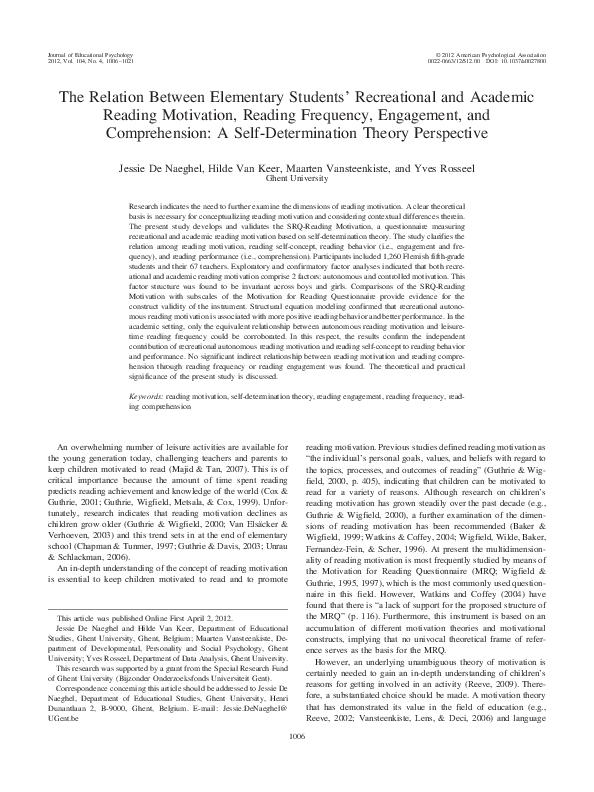 (PDF) The relation between elementary students' recreational and academic reading motivation ...