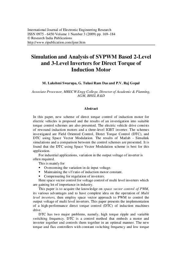 (PDF) Simulation and Analysis of SVPWM Based 2-Level and 3-Level Inverters for Direct Torque of ...