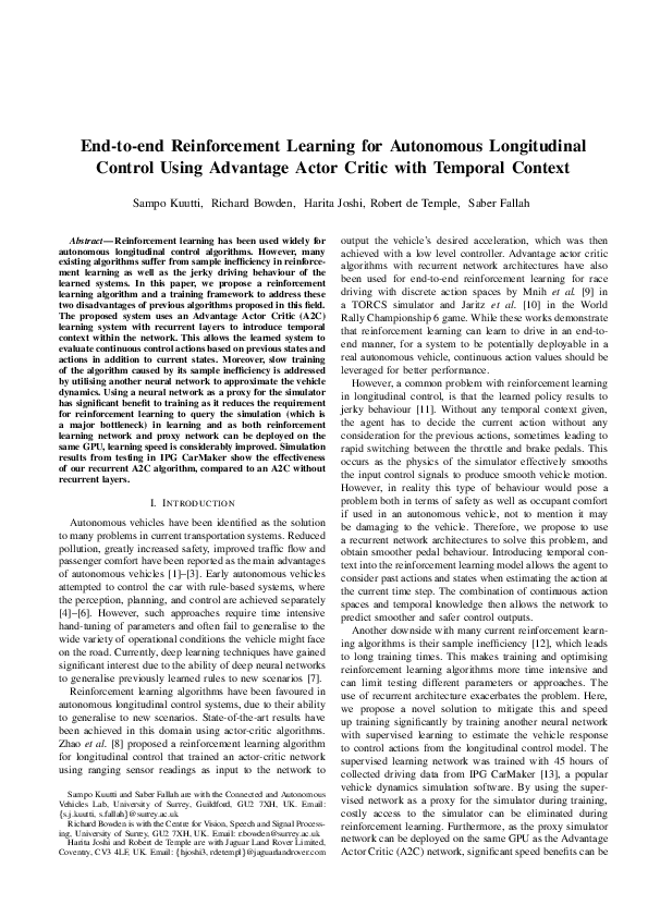 Pdf End To End Reinforcement Learning For Autonomous Longitudinal Control Using Advantage