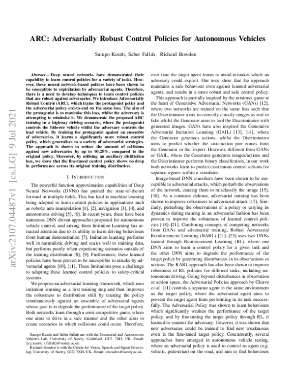 (PDF) ARC: Adversarially Robust Control Policies for Autonomous Vehicles