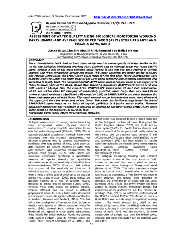 (PDF) Assessment of water quality using biological monitoring working ...