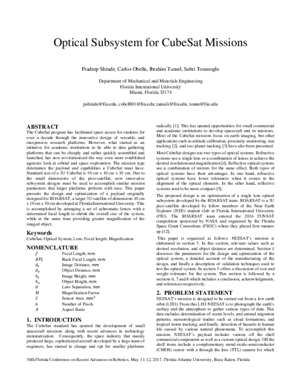 (PDF) Optical Subsystem for CubeSat Missions