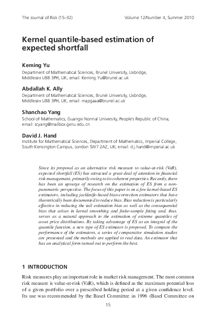 (PDF) Kernel quantile-based estimation of expected shortfall