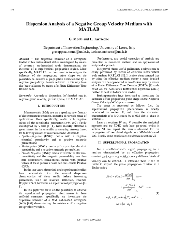 (PDF) Dispersion Analysis of a Negative Group Velocity Medium with MATLAB
