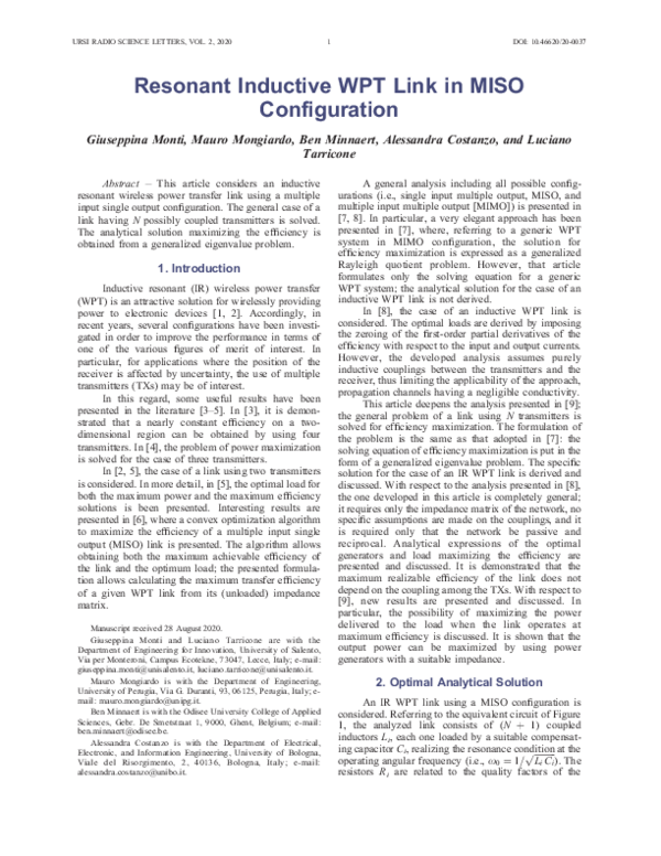 Pdf Resonant Inductive Wpt Link In Miso Configuration