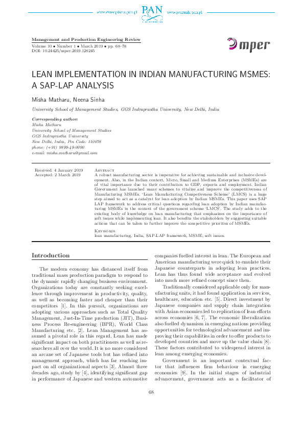 (PDF) Lean implementation in Indian manufacturing MSMES: a SAP-LAP analysis