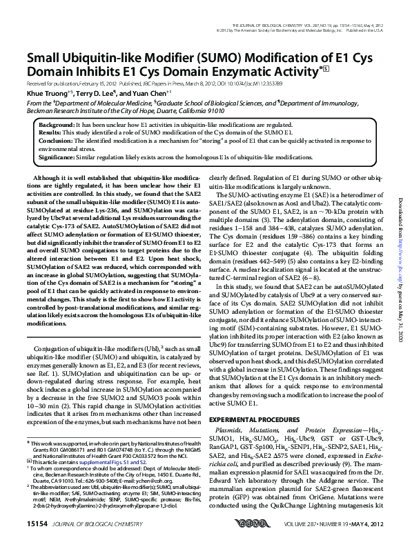 (PDF) Small Ubiquitin-like Modifier (SUMO) Modification Mediates ...