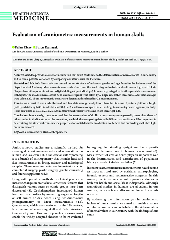 (PDF) Evaluation of craniometric measurements in human skulls