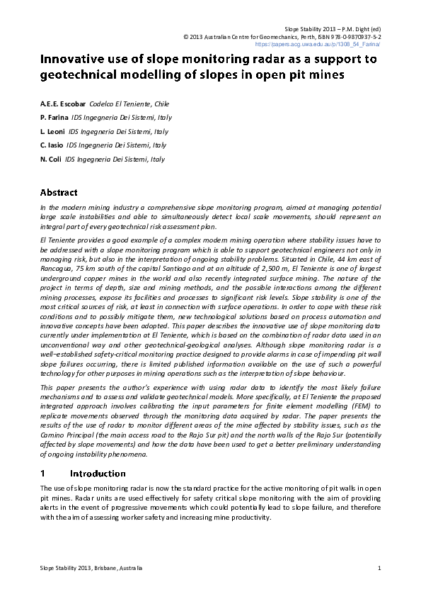 (PDF) Innovative use of slope monitoring radar as a support to ...