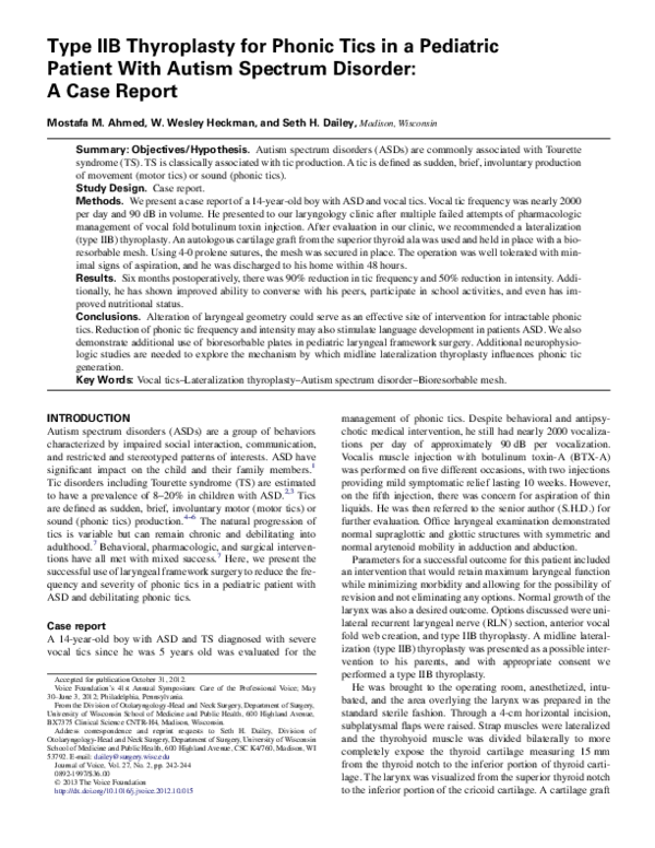 (PDF) Type IIB Thyroplasty for Phonic Tics in a Pediatric Patient With ...