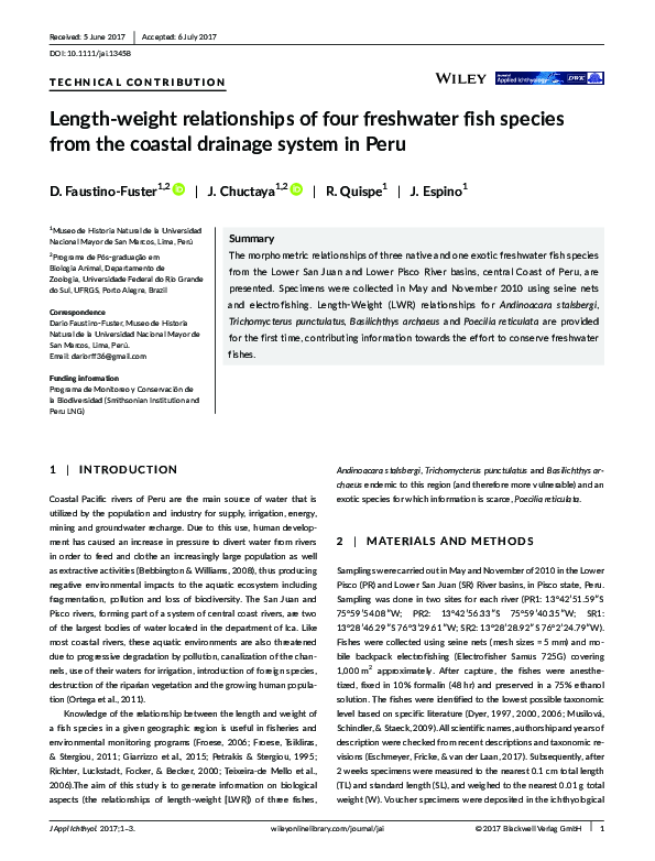 (PDF) Length-weight relationships of four freshwater fish species from ...