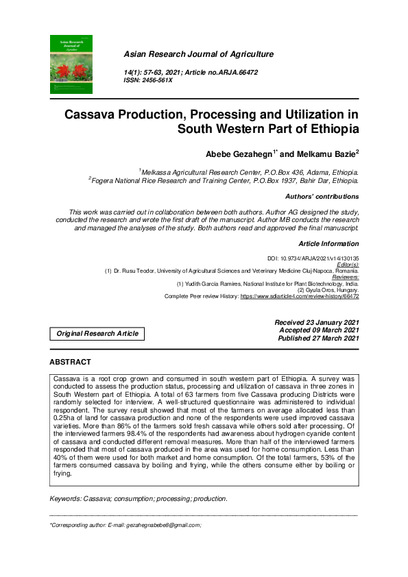 (PDF) Cassava Production, Processing and Utilization in South Western ...