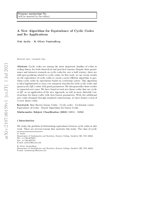 Pdf A New Algorithm For Equivalence Of Cyclic Codes And Its Applications
