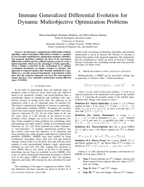 (PDF) Immune Generalized Differential Evolution for dynamic multiobjective optimization problems ...