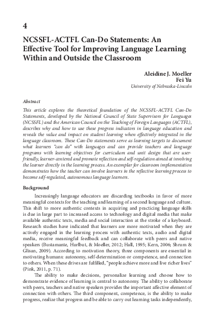 (PDF) NCSSFL-ACTFL Can-Do Statements: An Effective Tool for Improving Language Learning within ...
