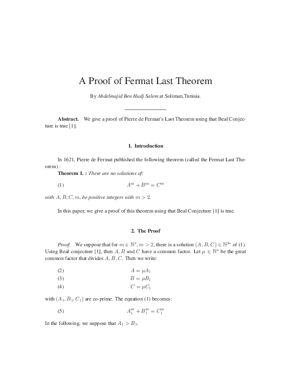 (PDF) A Proof of Fermat Last Theorem