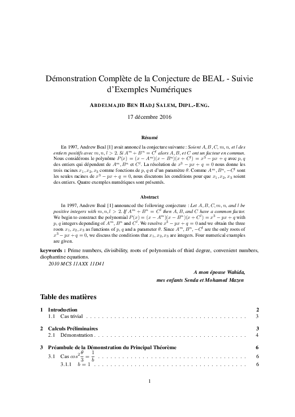 (PDF) Démonstration Complète de la Conjecture de BEAL - Suivie
