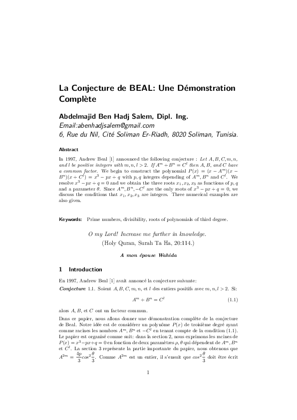 (PDF) La Conjecture de Beal : Une Démonstration Complète