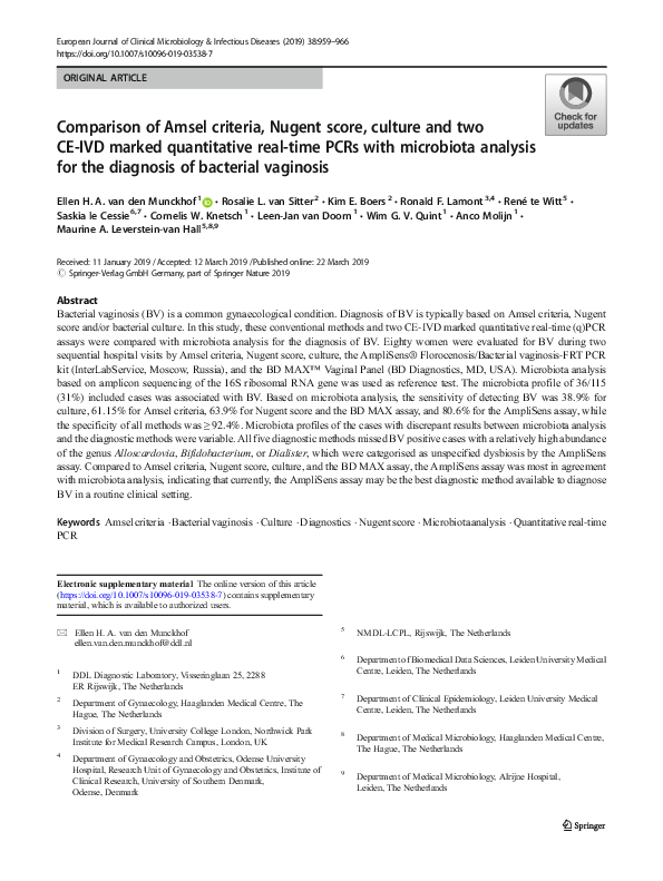 (PDF) Comparison of Amsel criteria, Nugent score, culture and two CE ...