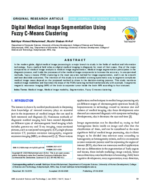 Pdf Digital Medical Image Segmentation Using Fuzzy C Means Clustering