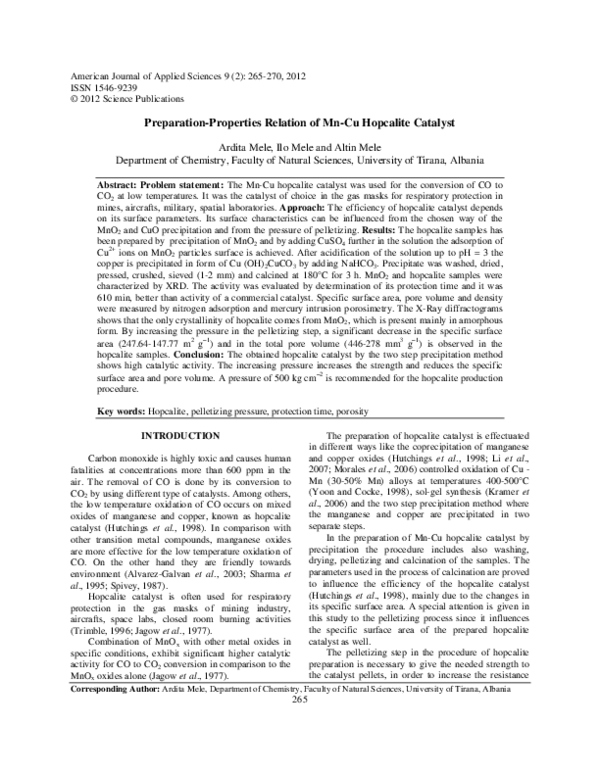 (PDF) Preparation-Properties Relation of Mn-Cu Hopcalite Catalyst