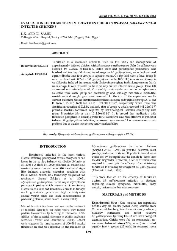 (PDF) Evaluation of Tilmicosin in Treatment of Mycoplasma Gallisepticum ...