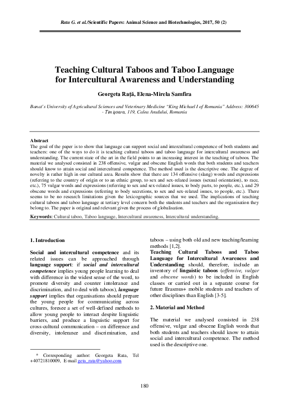 (PDF) Teaching Cultural Taboos and Taboo Language for Intercultural Awareness and Understanding