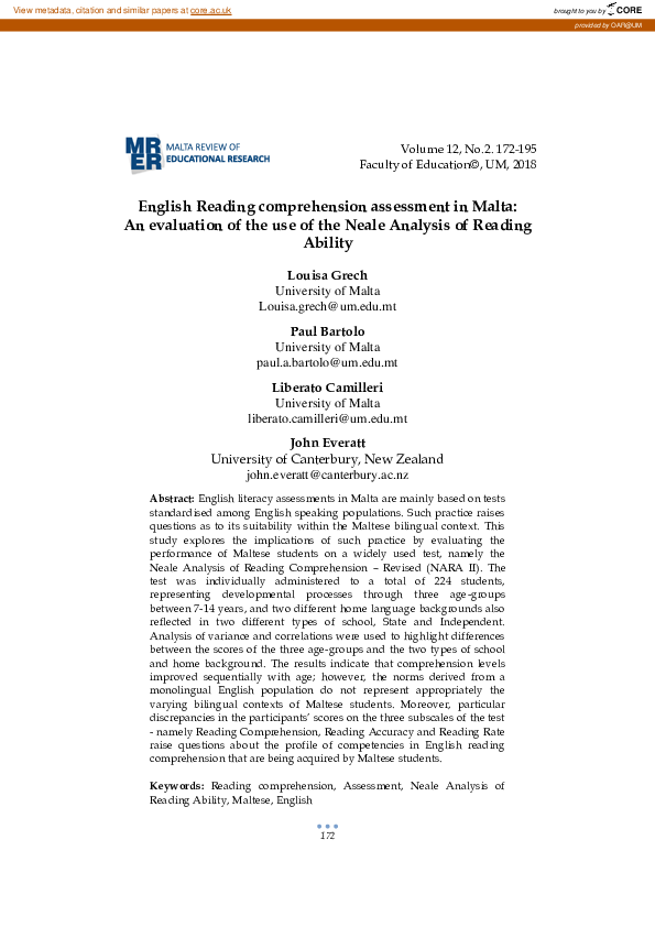 (PDF) English reading comprehension assessment in Malta : an evaluation ...