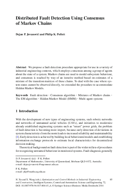 Pdf Distributed Fault Detection Using Consensus Of Markov Chains