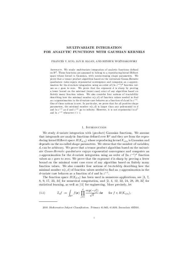 (PDF) Multivariate integration for analytic functions with Gaussian kernels