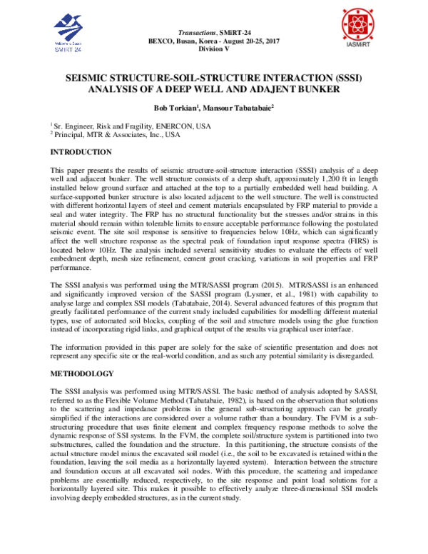 (PDF) Seismic Structure-Soil-Structure Interaction (Sssi) Analysis of a Deep Well and Adajent Bunker