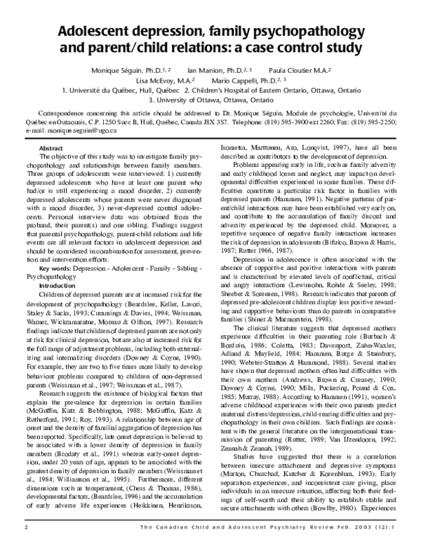 (PDF) Adolescent depression, family psychopathology and parent/child ...