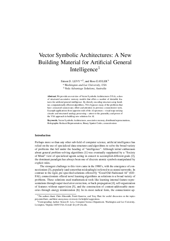 Pdf Vector Symbolic Architectures A New Building Material For Artificial General Intelligence