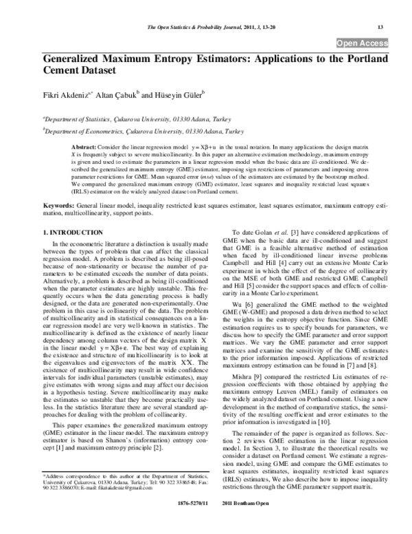 (PDF) Generalized Maximum Entropy Estimators: Applications to the Portland Cement Dataset