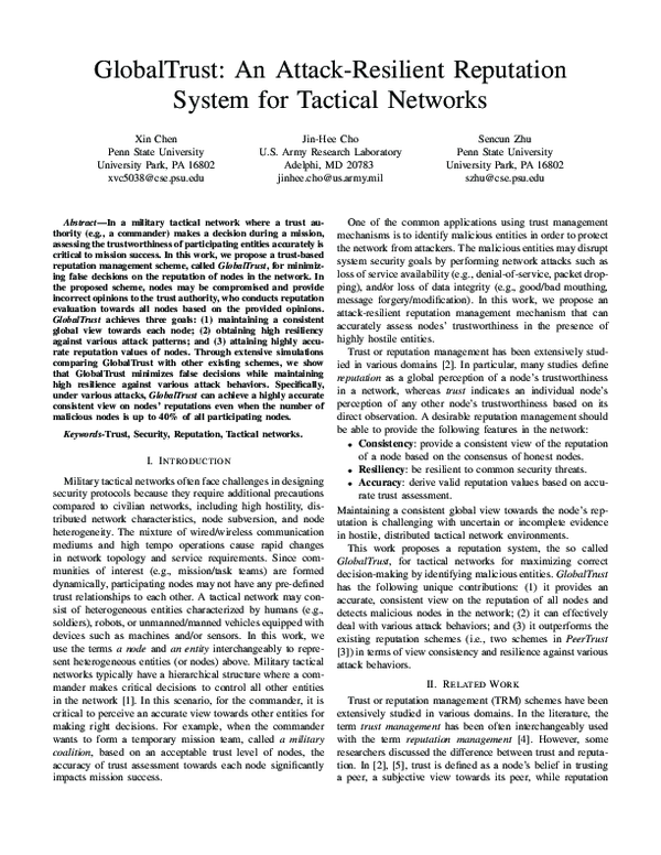 (PDF) GlobalTrust: An Attack-Resilient Reputation System for Tactical Networks